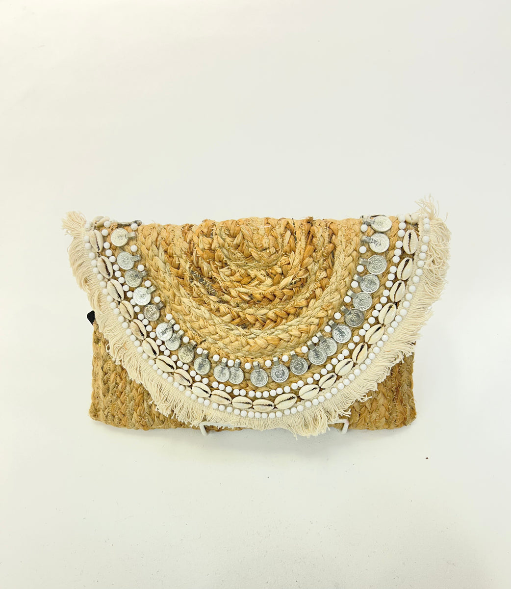 Natural Jute Clutch With Shells and coins – ranees.co